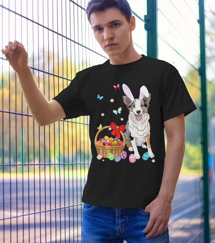 Australian Shepherd Bunny Ear Butterflies Basket Easter Egg Flowers T-Shirt