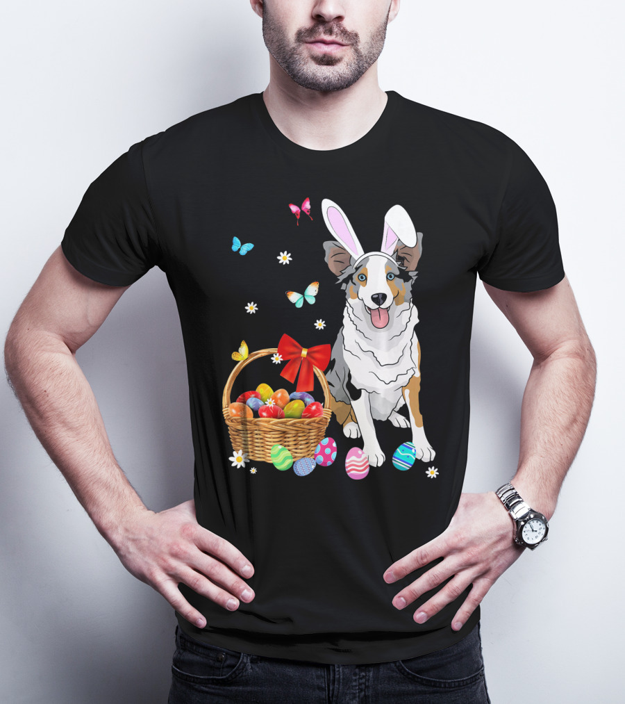 Australian Shepherd Bunny Ear Butterflies Basket Easter Egg Flowers T-Shirt