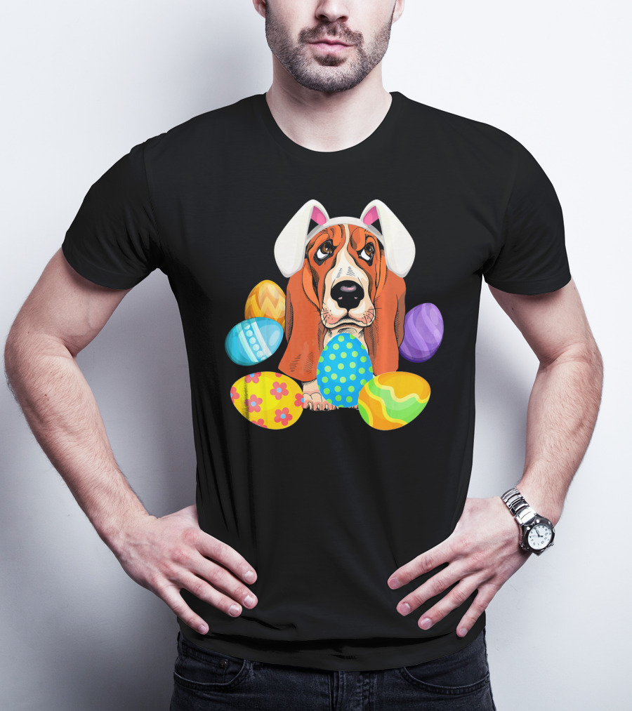 Basset Hound Bunny Rabbit Hat Easter Eggs Playful Scene T-Shirt