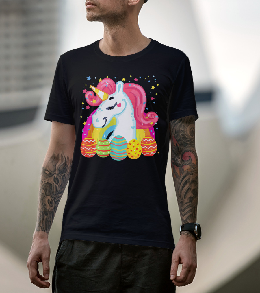 Unicorn With Rainbow Mane And Colorful Easter Eggs T-Shirt