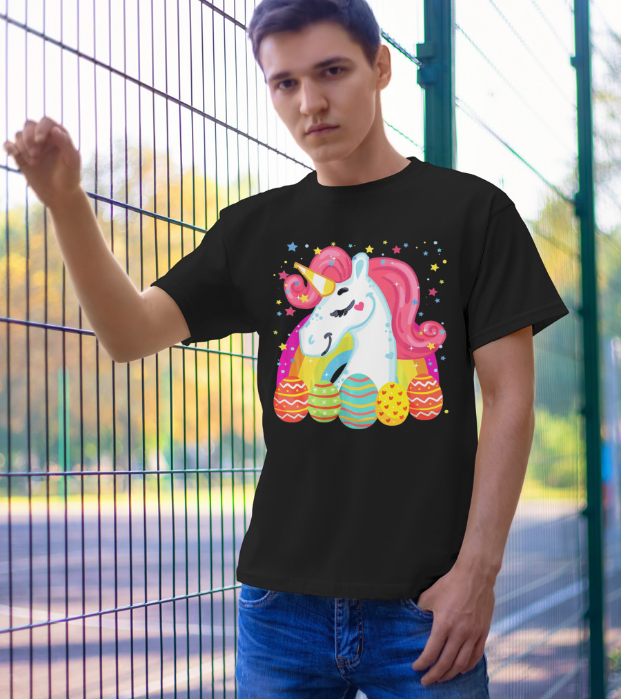 Unicorn With Rainbow Mane And Colorful Easter Eggs T-Shirt