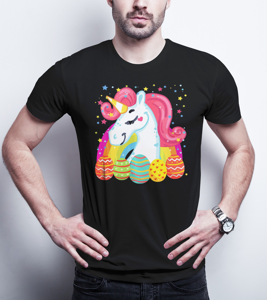 Unicorn With Rainbow Mane And Colorful Easter Eggs T-Shirt