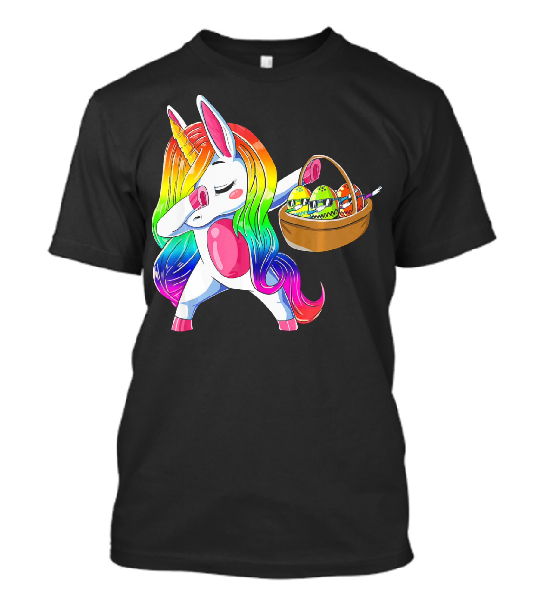 Girls Easter Unicorn Dabbing With Bunny Ear And Colorful Egg Basket T-Shirt
