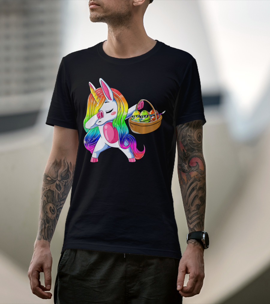 Girls Easter Unicorn Dabbing With Bunny Ear And Colorful Egg Basket T-Shirt