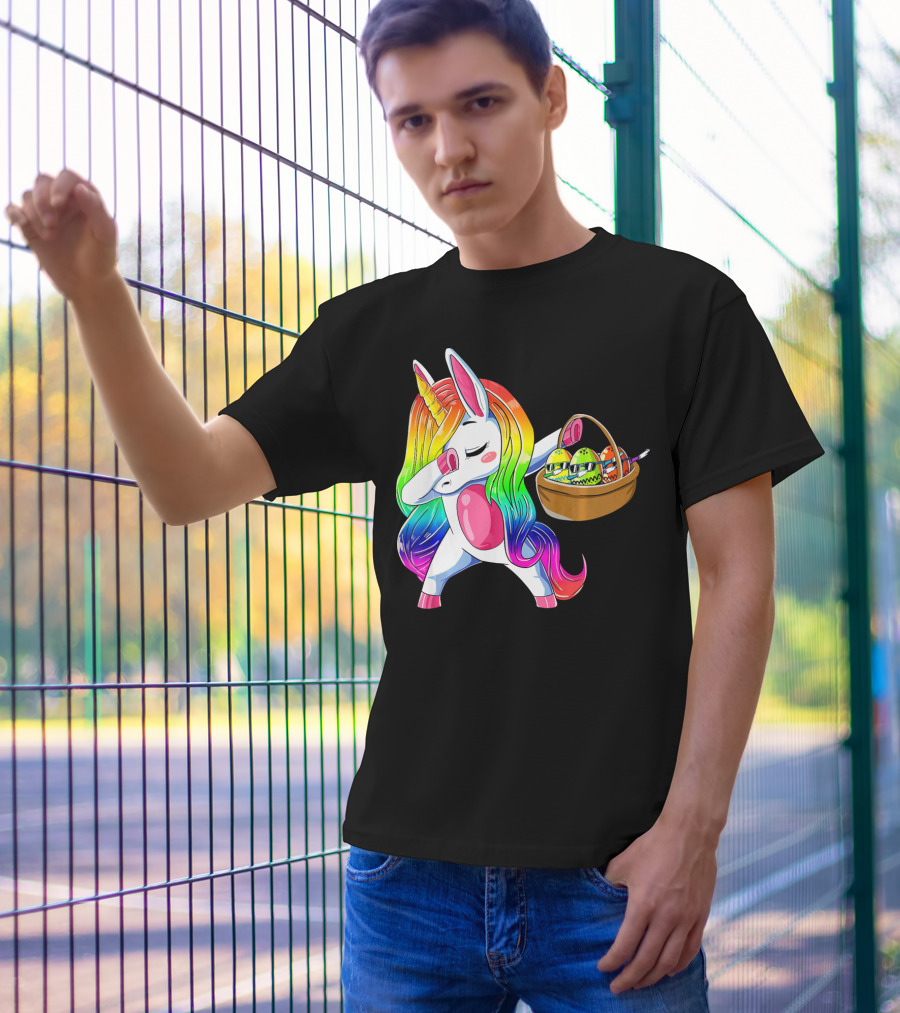 Girls Easter Unicorn Dabbing With Bunny Ear And Colorful Egg Basket T-Shirt
