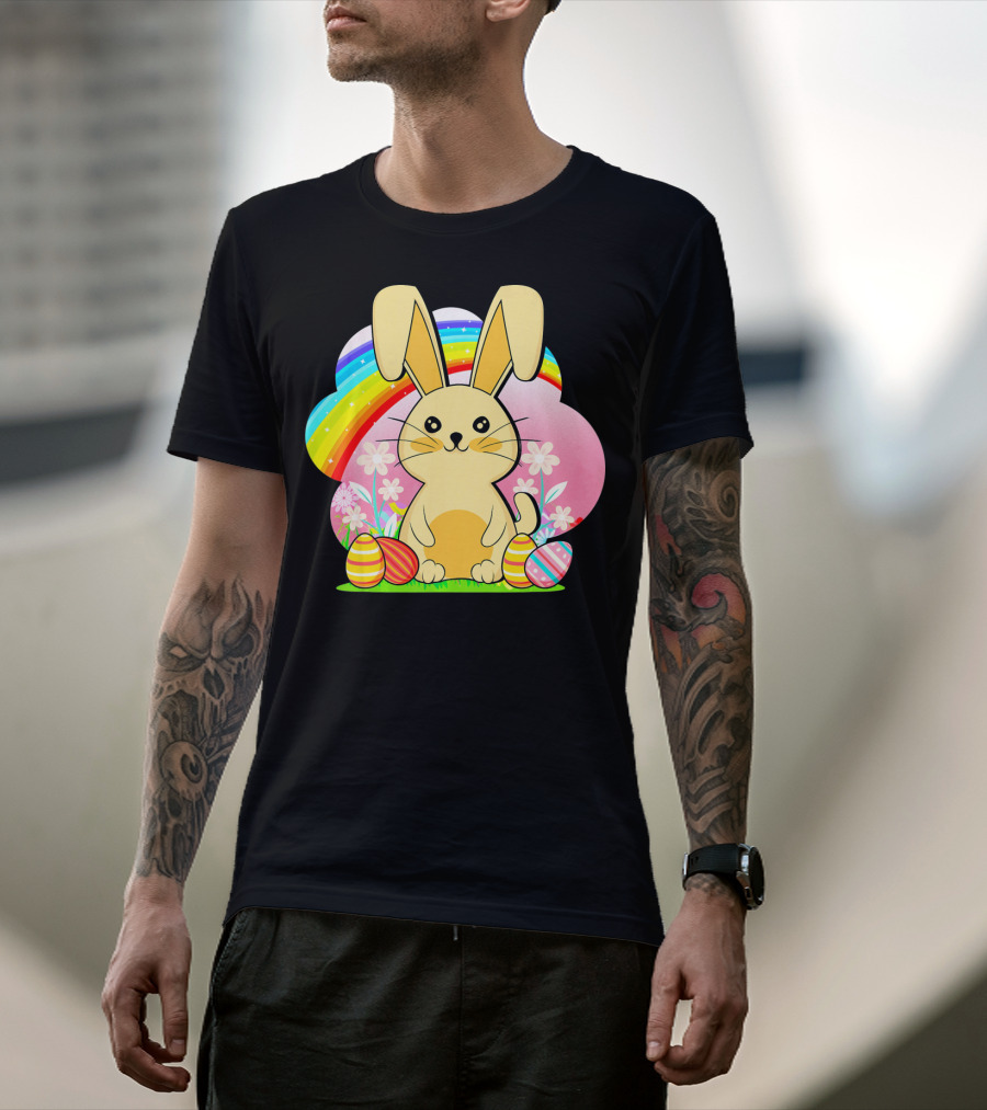 Easter Egg Bunny With Rainbow And Flowers T-Shirt
