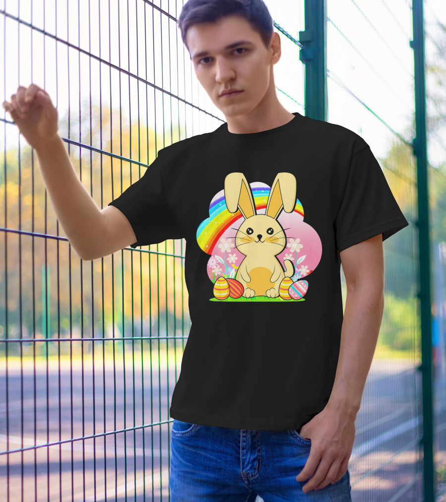 Easter Egg Bunny With Rainbow And Flowers T-Shirt