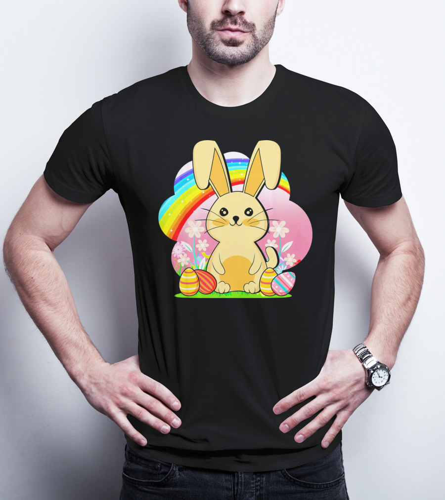 Easter Egg Bunny With Rainbow And Flowers T-Shirt