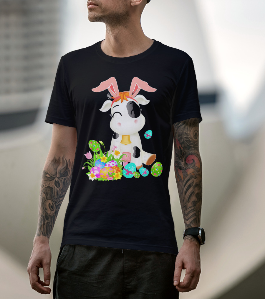 Happy Cow Easter Bunny With Colorful Eggs And Flowers T-Shirt