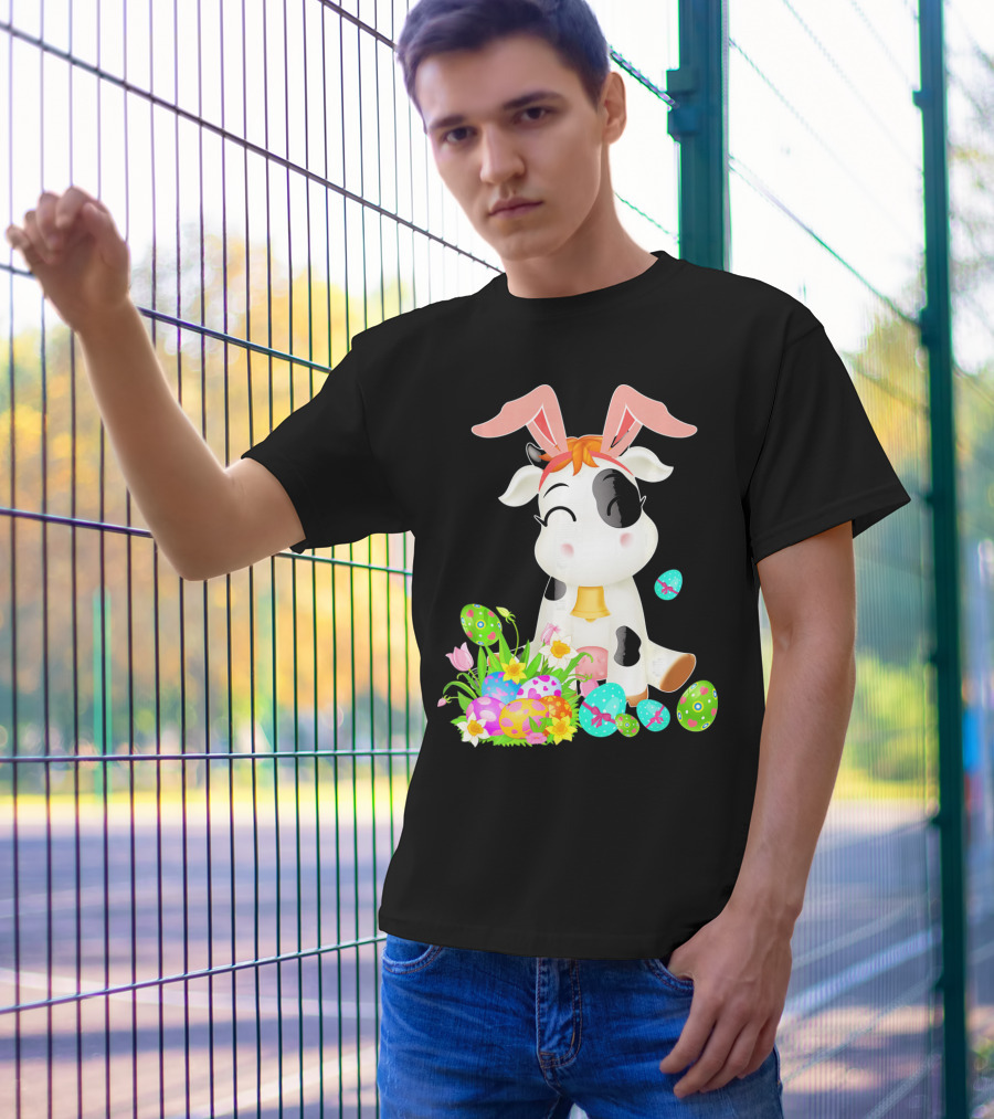 Happy Cow Easter Bunny With Colorful Eggs And Flowers T-Shirt