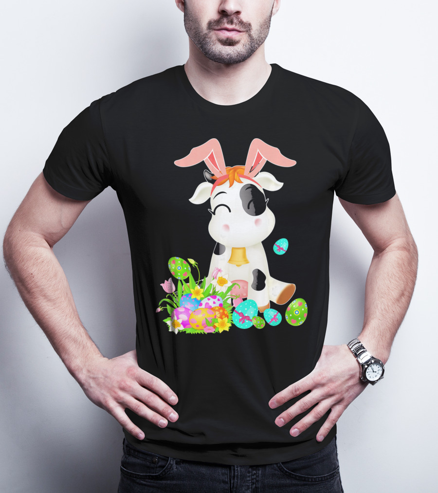 Happy Cow Easter Bunny With Colorful Eggs And Flowers T-Shirt