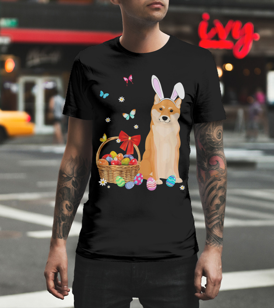 Shiba Inu Bunny Ear Rabbit Easter Eggs Basket Butterflies Flowers T-Shirt
