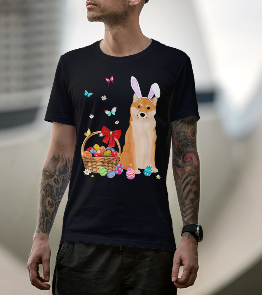 Shiba Inu Bunny Ear Rabbit Easter Eggs Basket Butterflies Flowers T-Shirt