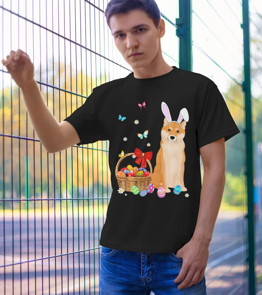 Shiba Inu Bunny Ear Rabbit Easter Eggs Basket Butterflies Flowers T-Shirt