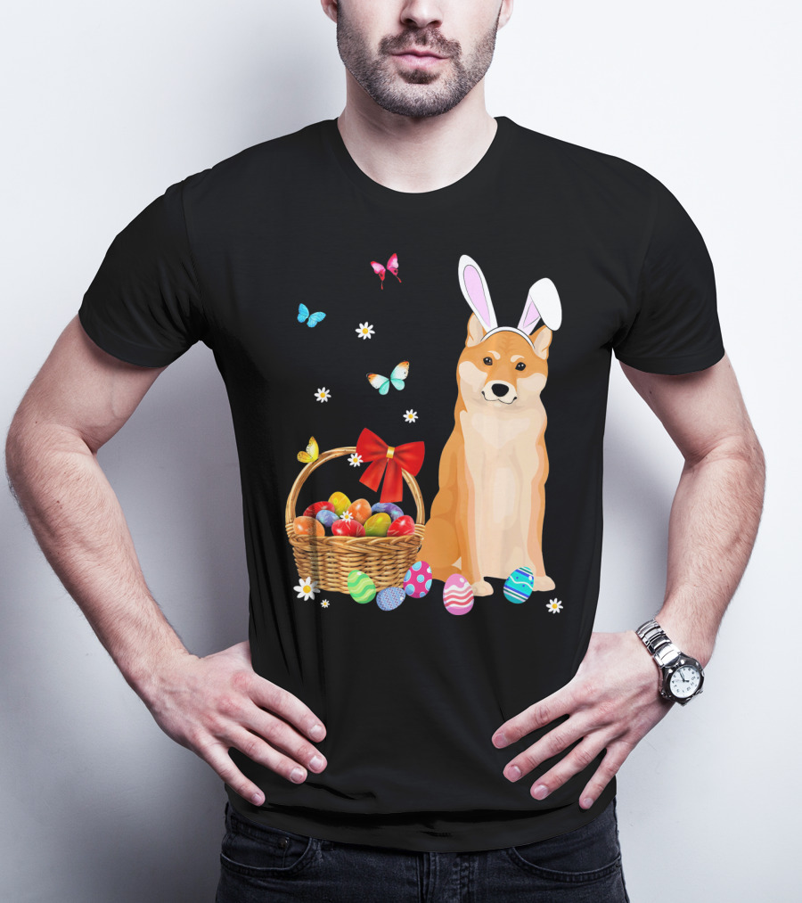 Shiba Inu Bunny Ear Rabbit Easter Eggs Basket Butterflies Flowers T-Shirt