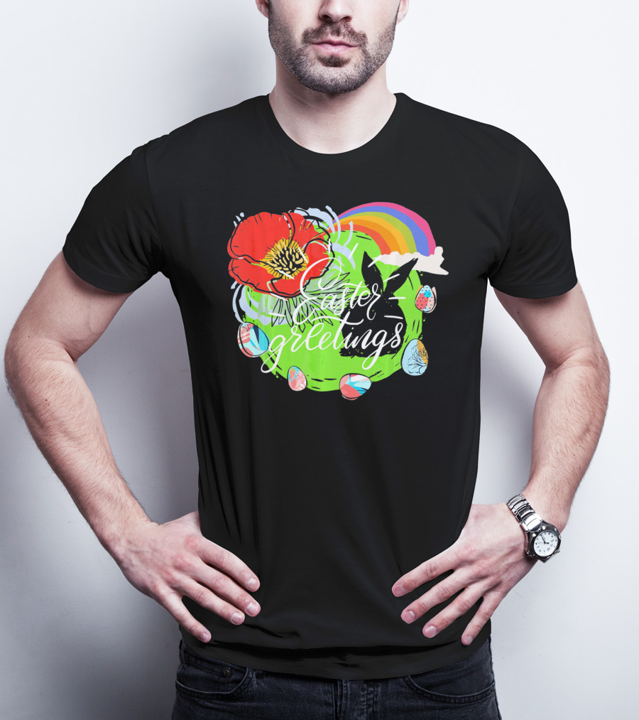 Easter Greetings Rainbow Bunny Eggs Poppy T-Shirt