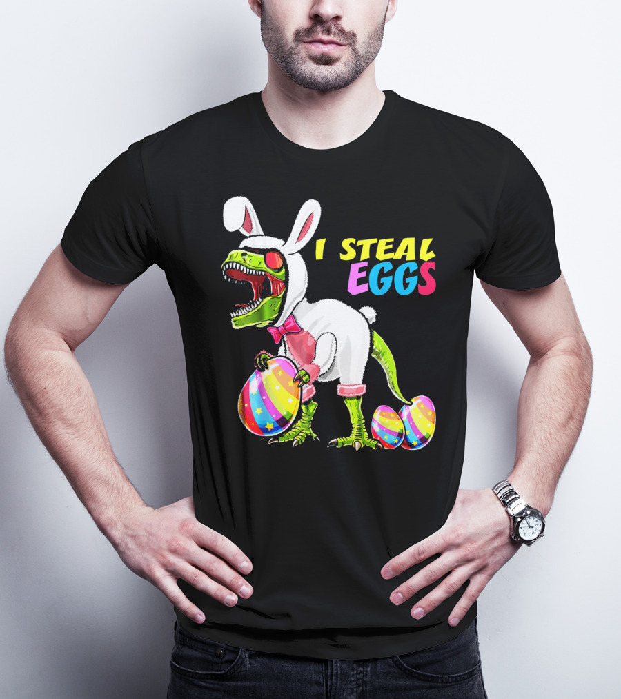 I Steal Easter Eggs Dinosaur Rex Bunny In Costume Holding Colorful Striped Eggs T-Shirt
