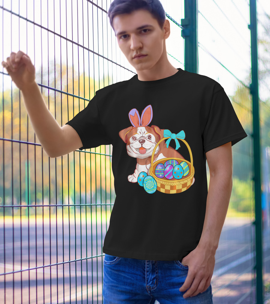Easter Bulldog Holiday Bunny Ears With Easter Egg Basket T-Shirt
