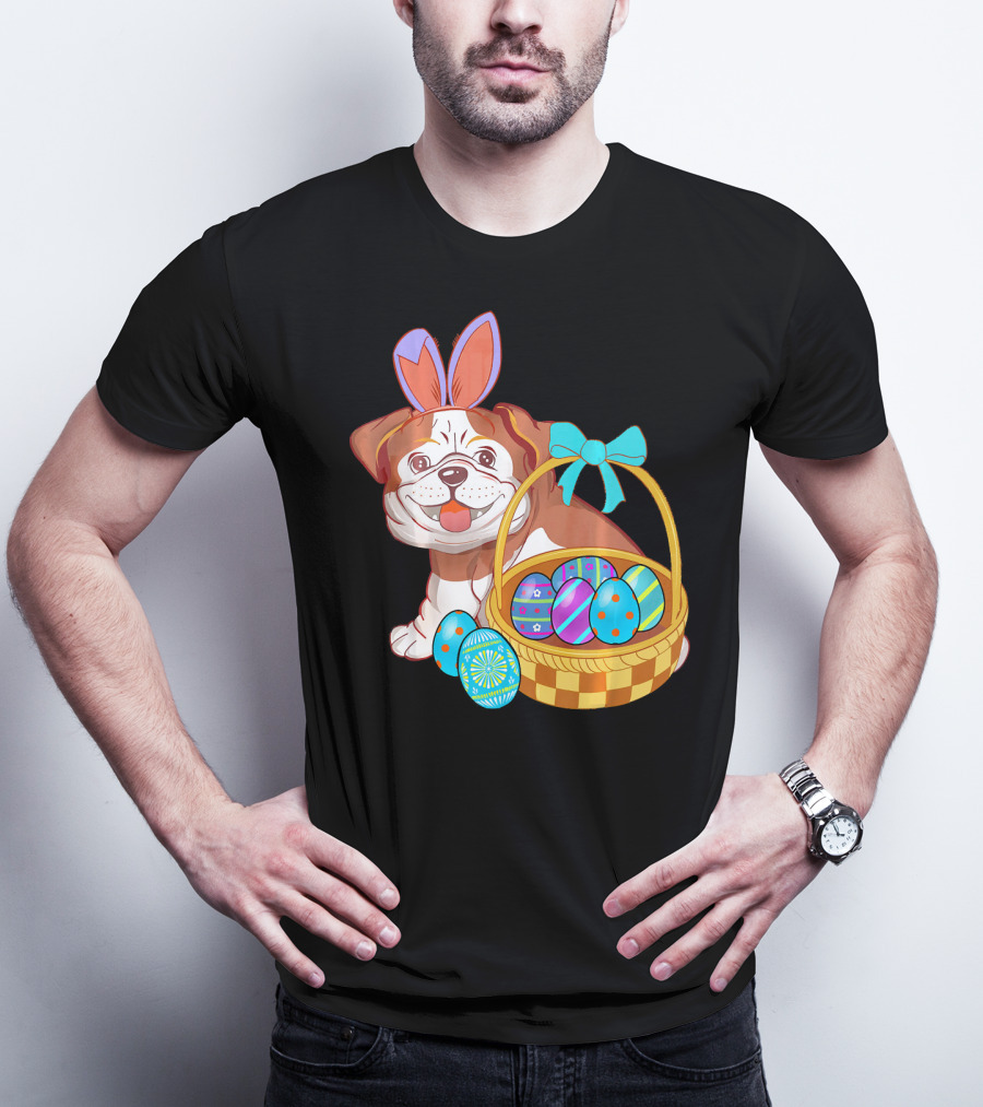 Easter Bulldog Holiday Bunny Ears With Easter Egg Basket T-Shirt