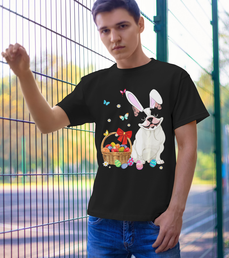 French Bulldog With Bunny Ears And Easter Egg Basket With Butterflies And Flowers T-Shirt