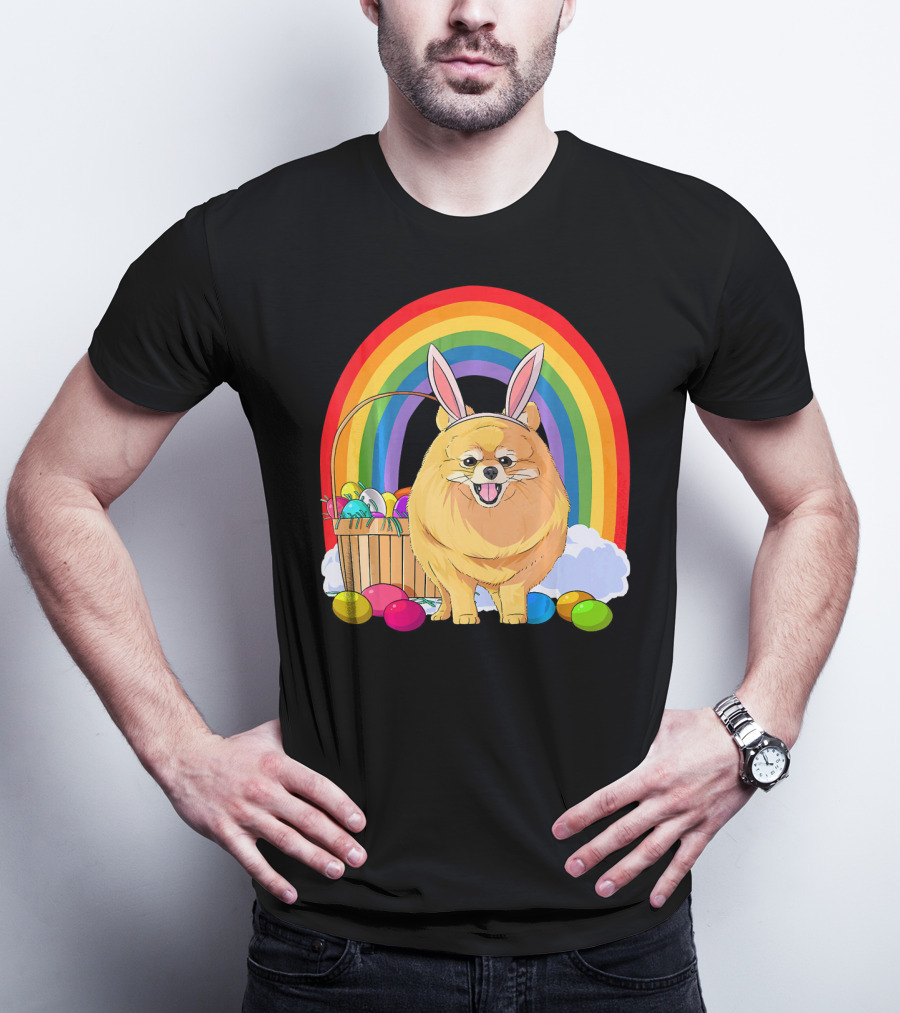 Easter Eggs Pomeranian Bunny Dog Rainbow Basket T-Shirt