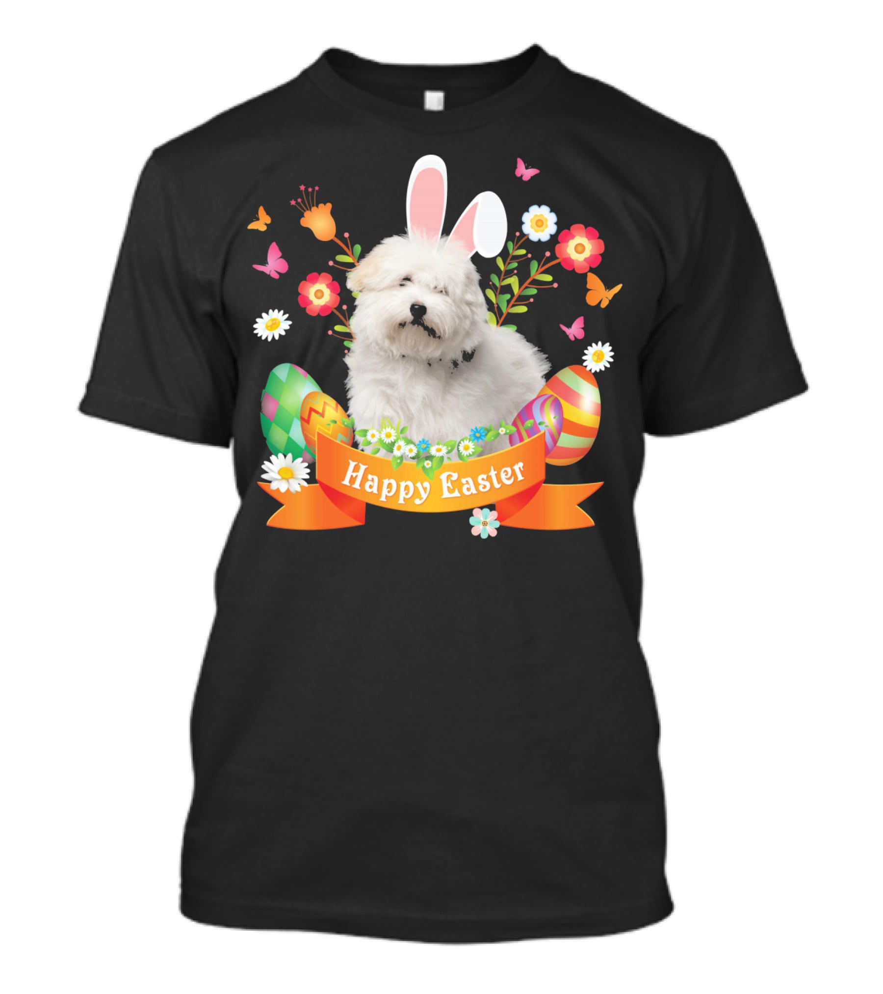 Happy Easter Bunny Coton De Tulear Dog With Eggs And Flowers T-Shirt