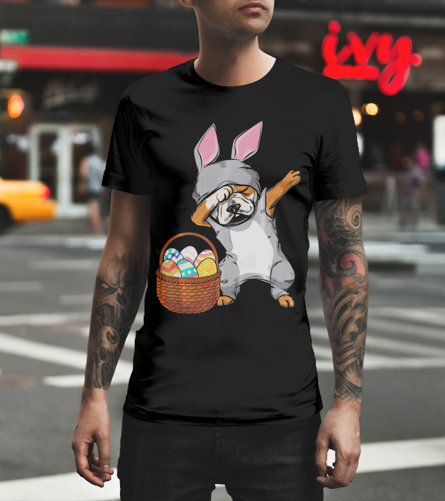 Dabbing Easter Bunny English Bulldog With Basket Of Eggs T-Shirt