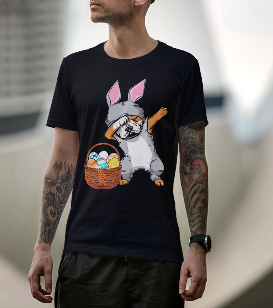 Dabbing Easter Bunny English Bulldog With Basket Of Eggs T-Shirt