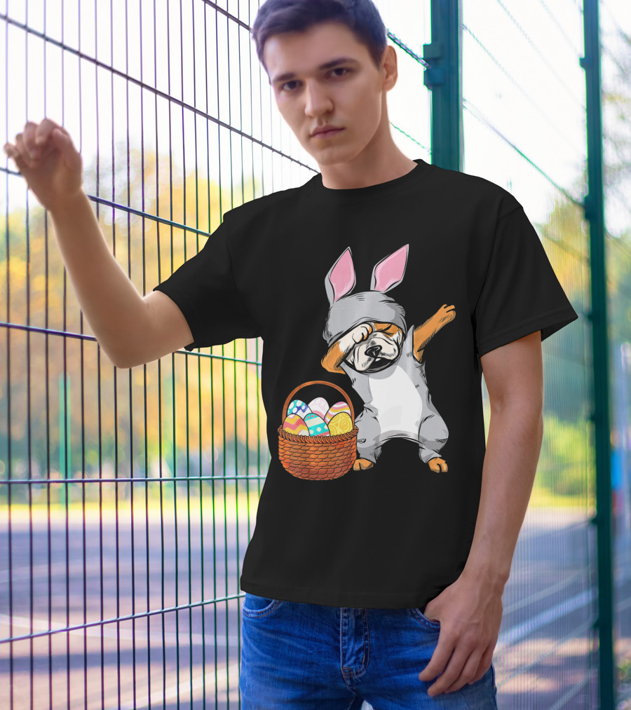 Dabbing Easter Bunny English Bulldog With Basket Of Eggs T-Shirt