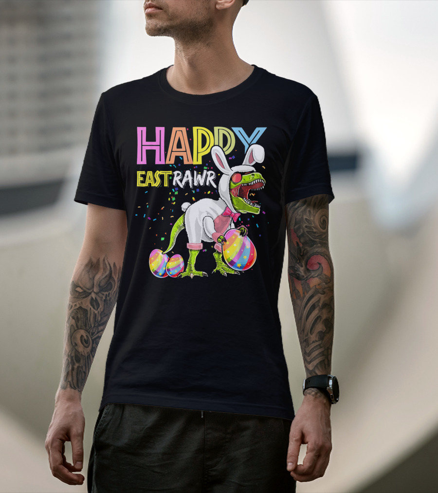 Happy Eastrawr Dinosaur Bunny With Eggs And Confetti T-Shirt