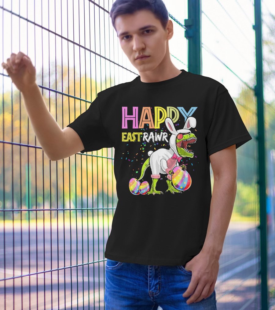 Happy Eastrawr Dinosaur Bunny With Eggs And Confetti T-Shirt