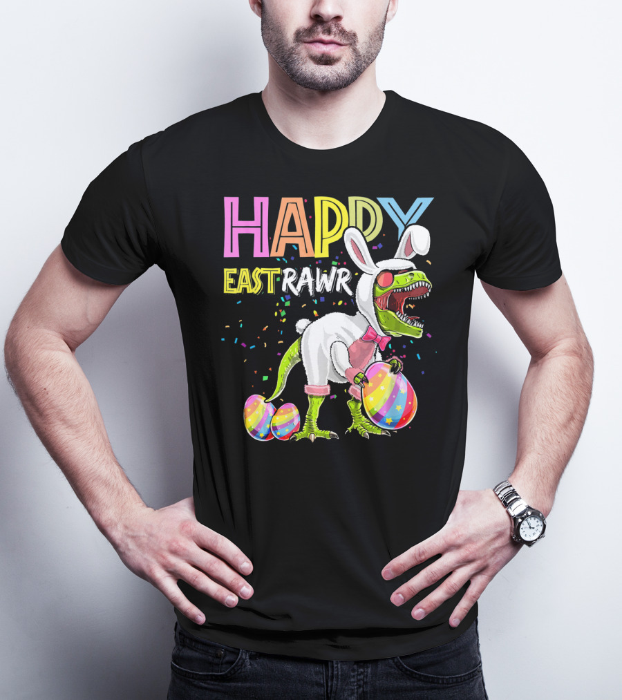 Happy Eastrawr Dinosaur Bunny With Eggs And Confetti T-Shirt