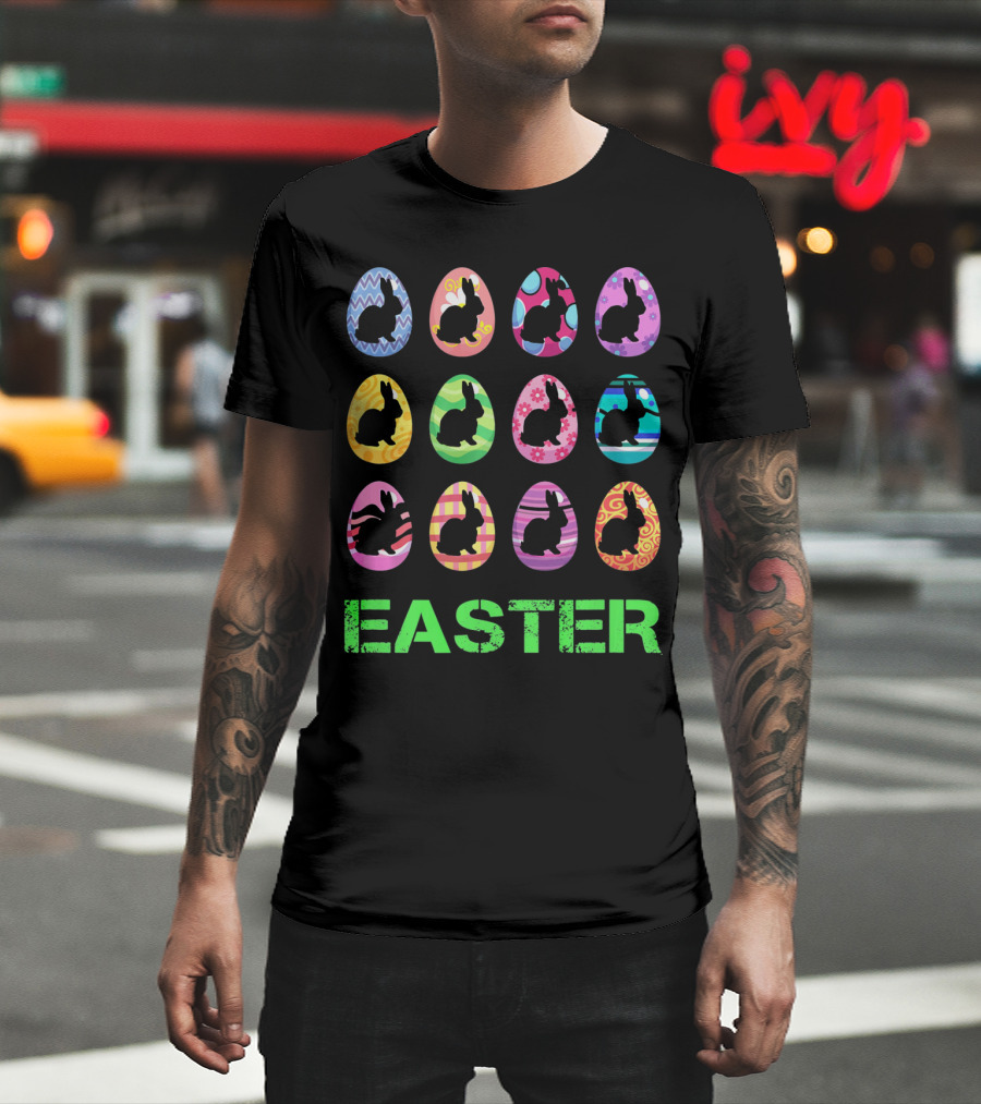 Easter Bunny Rabbit Egg Silhouettes With Colorful T-Shirt