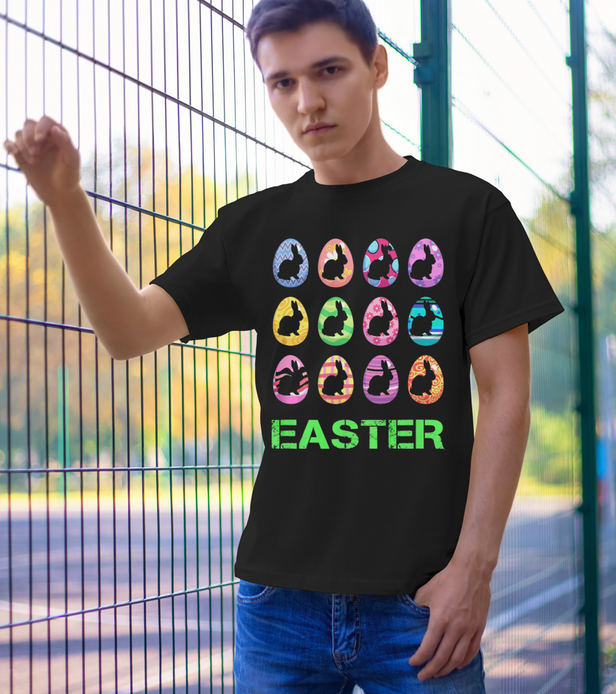 Easter Bunny Rabbit Egg Silhouettes With Colorful T-Shirt