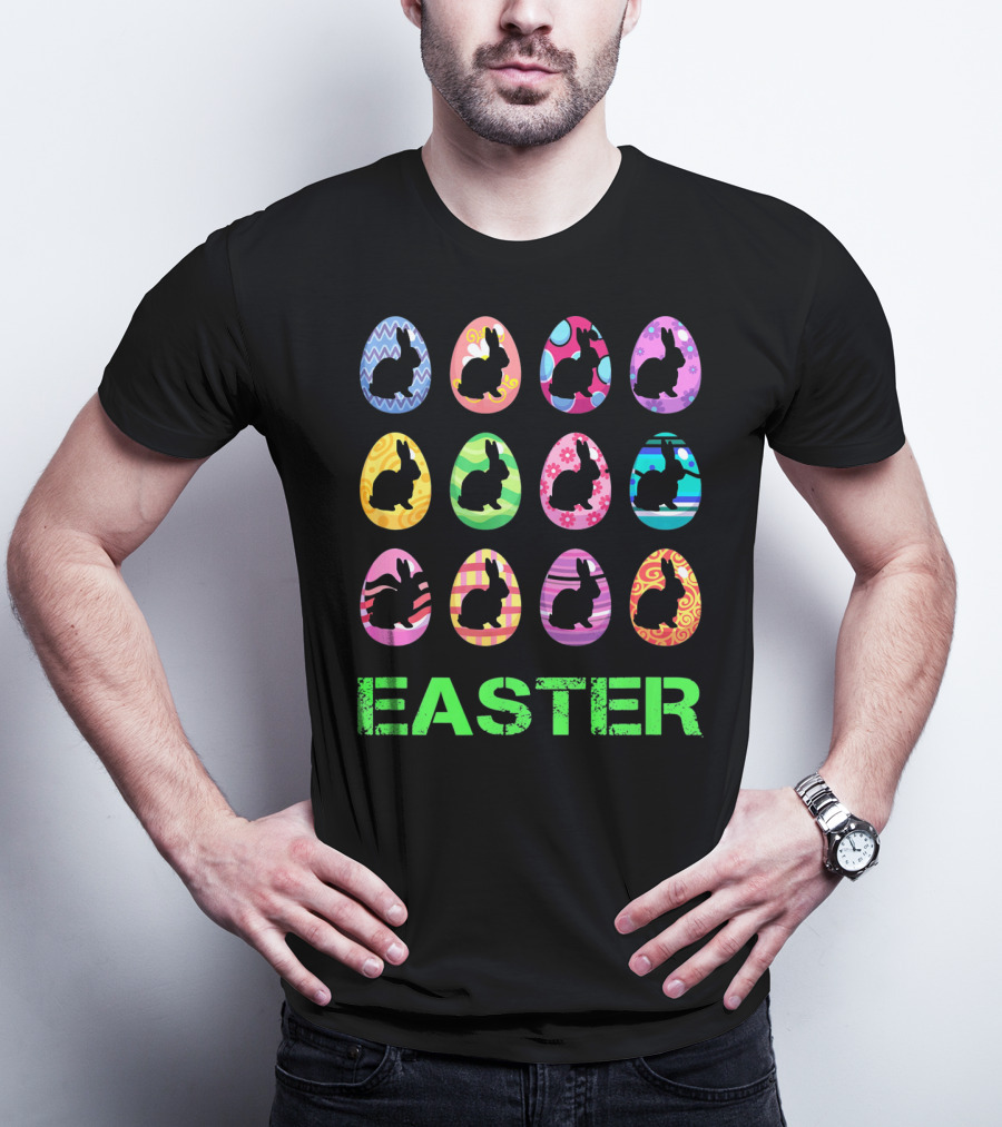 Easter Bunny Rabbit Egg Silhouettes With Colorful T-Shirt