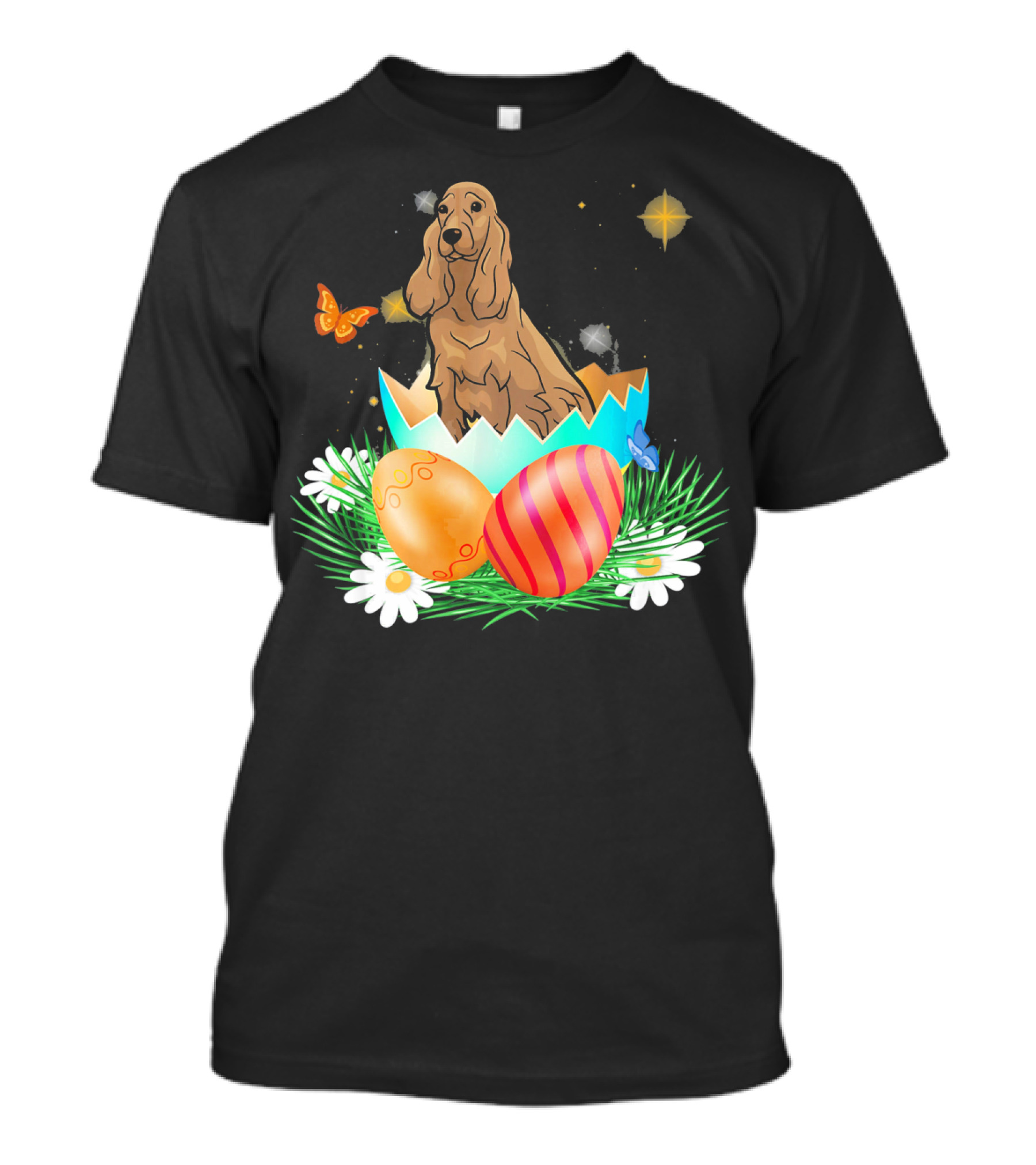 Easter Day Cocker Spaniel In Egg With Butterflies And Daisies T-Shirt