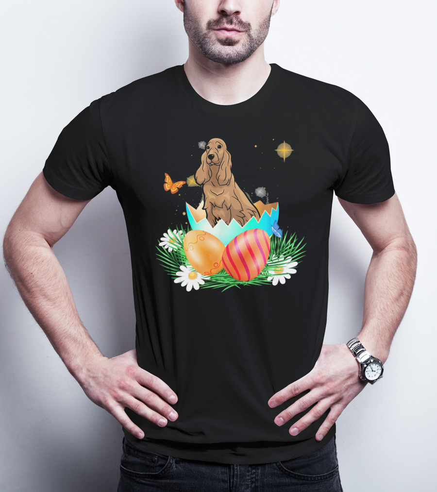 Easter Day Cocker Spaniel In Egg With Butterflies And Daisies T-Shirt