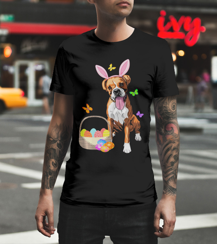 Girls Happy Easter Bunny Boxer Dog With Easter Eggs And Butterflies T-Shirt