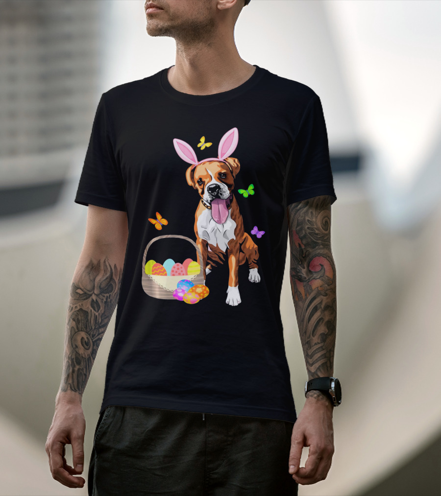 Girls Happy Easter Bunny Boxer Dog With Easter Eggs And Butterflies T-Shirt