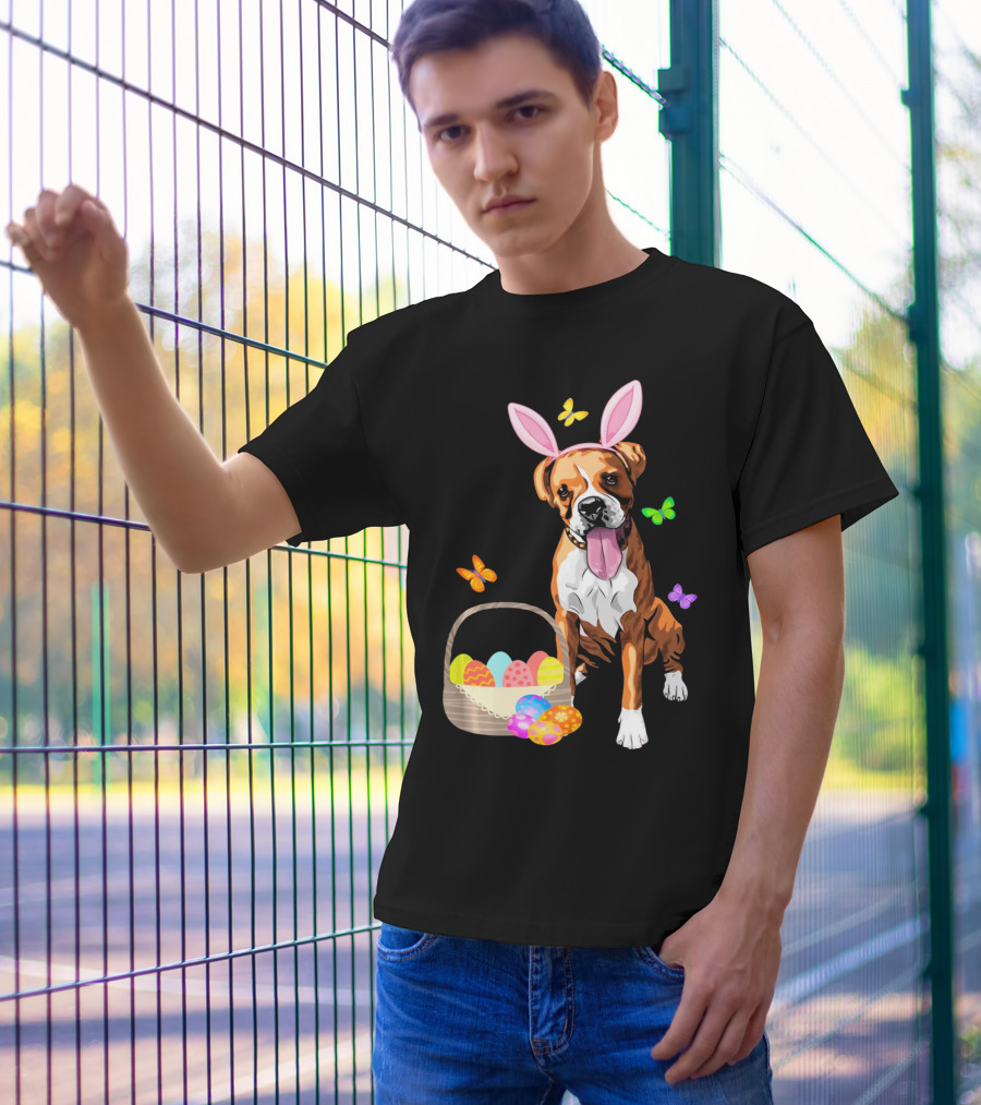 Girls Happy Easter Bunny Boxer Dog With Easter Eggs And Butterflies T-Shirt