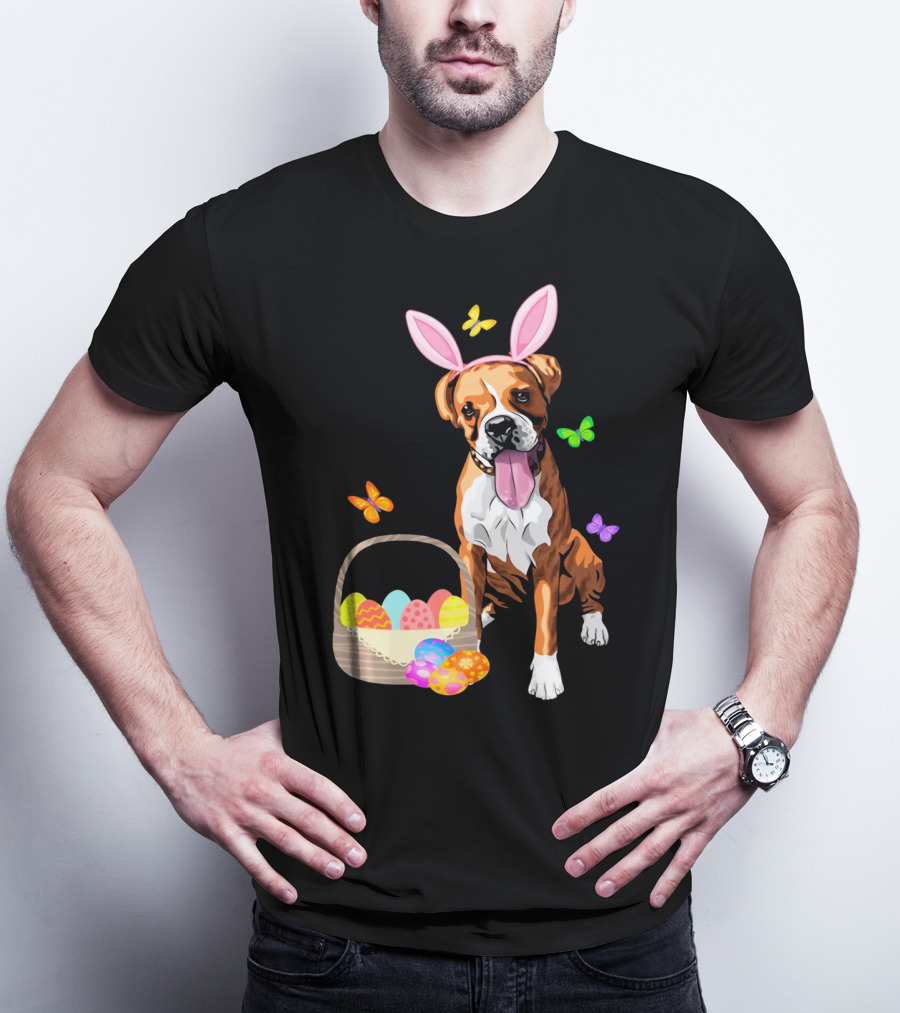 Girls Happy Easter Bunny Boxer Dog With Easter Eggs And Butterflies T-Shirt