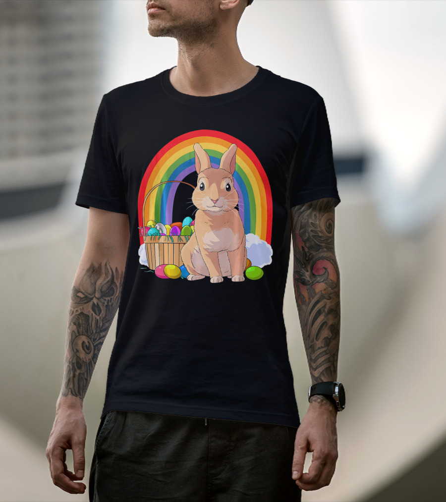 Bunny Rabbit With Easter Eggs And Rainbow For Kids Easter T-Shirt