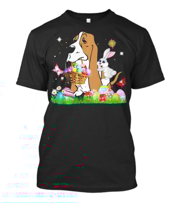 Basset Hound With Easter Eggs Basket And Bunny Surrounded By Colorful Eggs And Flowers T-Shirt