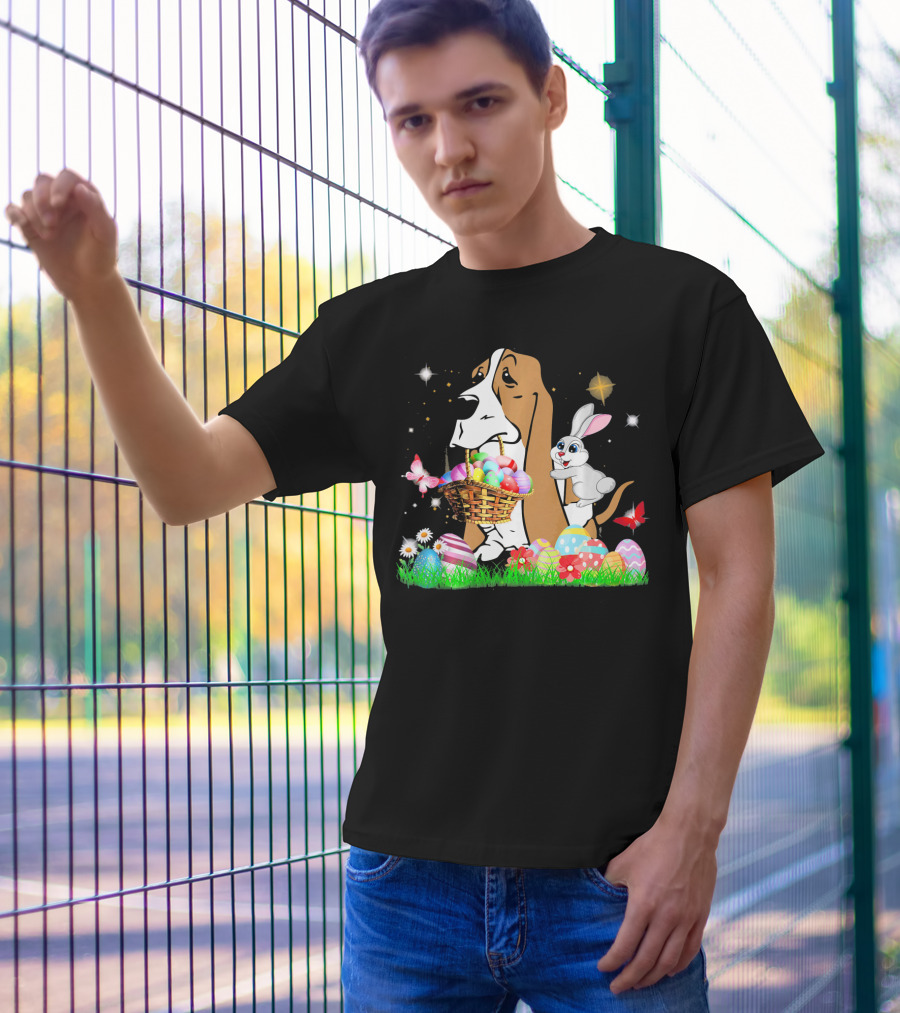 Basset Hound With Easter Eggs Basket And Bunny Surrounded By Colorful Eggs And Flowers T-Shirt