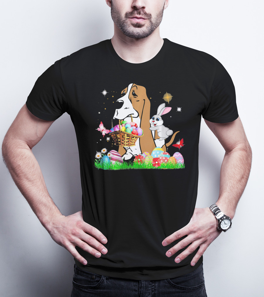 Basset Hound With Easter Eggs Basket And Bunny Surrounded By Colorful Eggs And Flowers T-Shirt