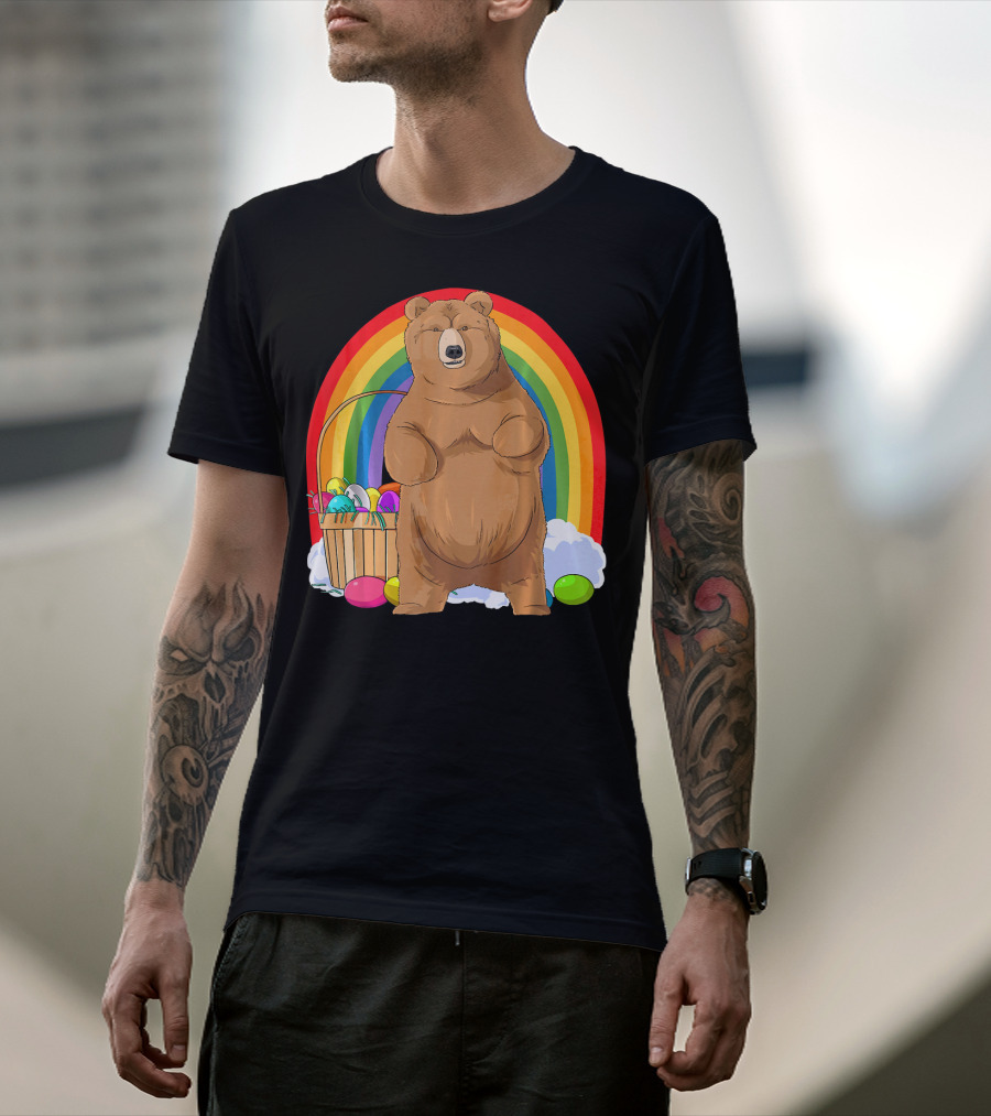 Bear With Easter Egg Basket And Rainbow Background T-Shirt