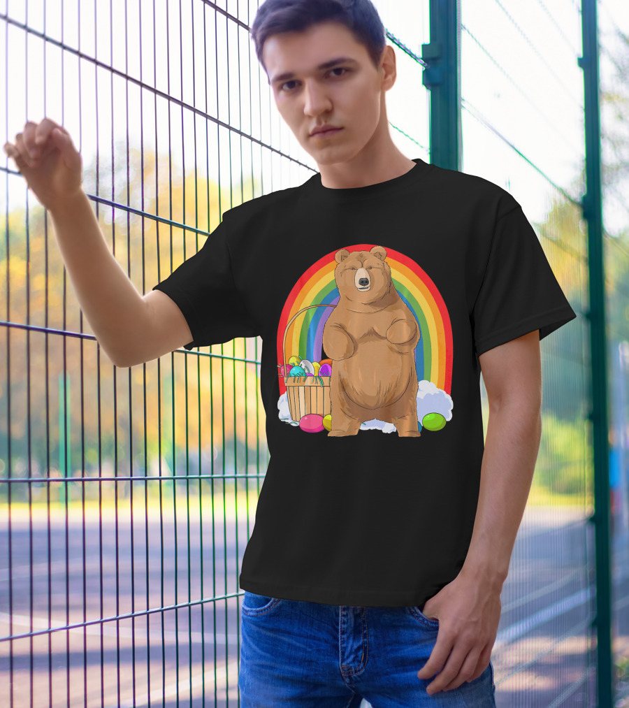 Bear With Easter Egg Basket And Rainbow Background T-Shirt