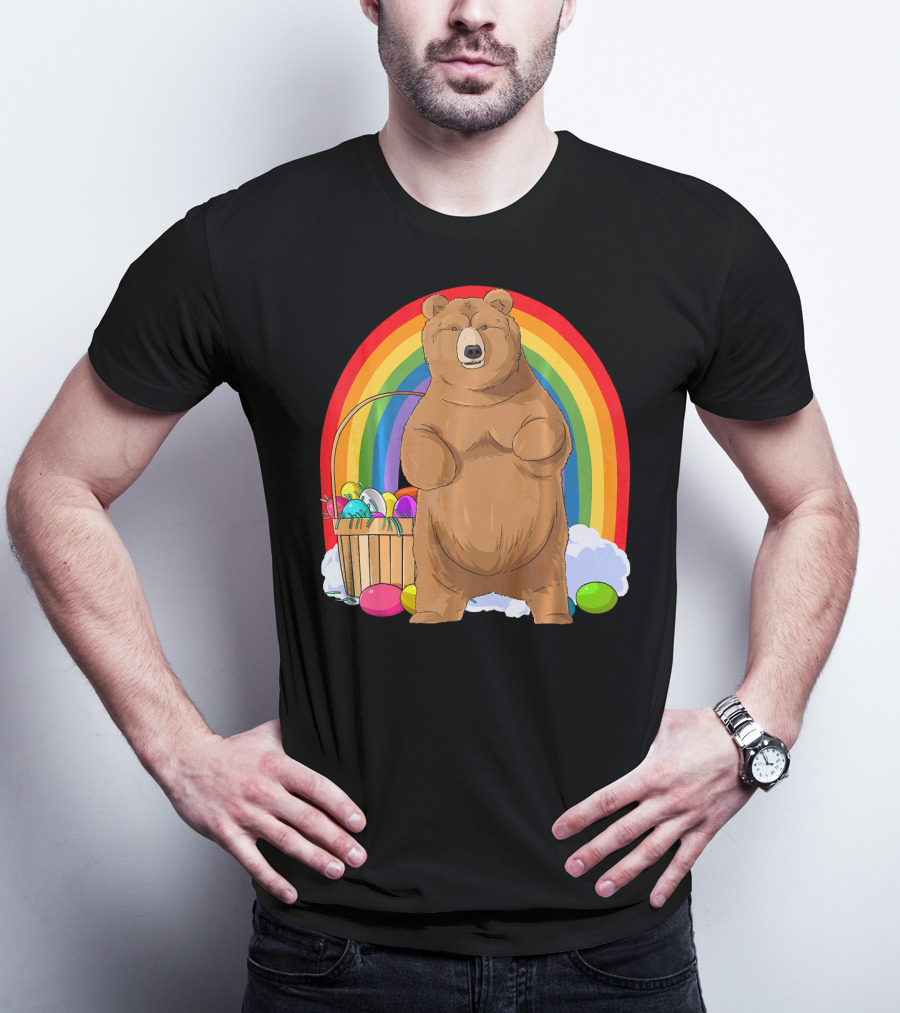 Bear With Easter Egg Basket And Rainbow Background T-Shirt