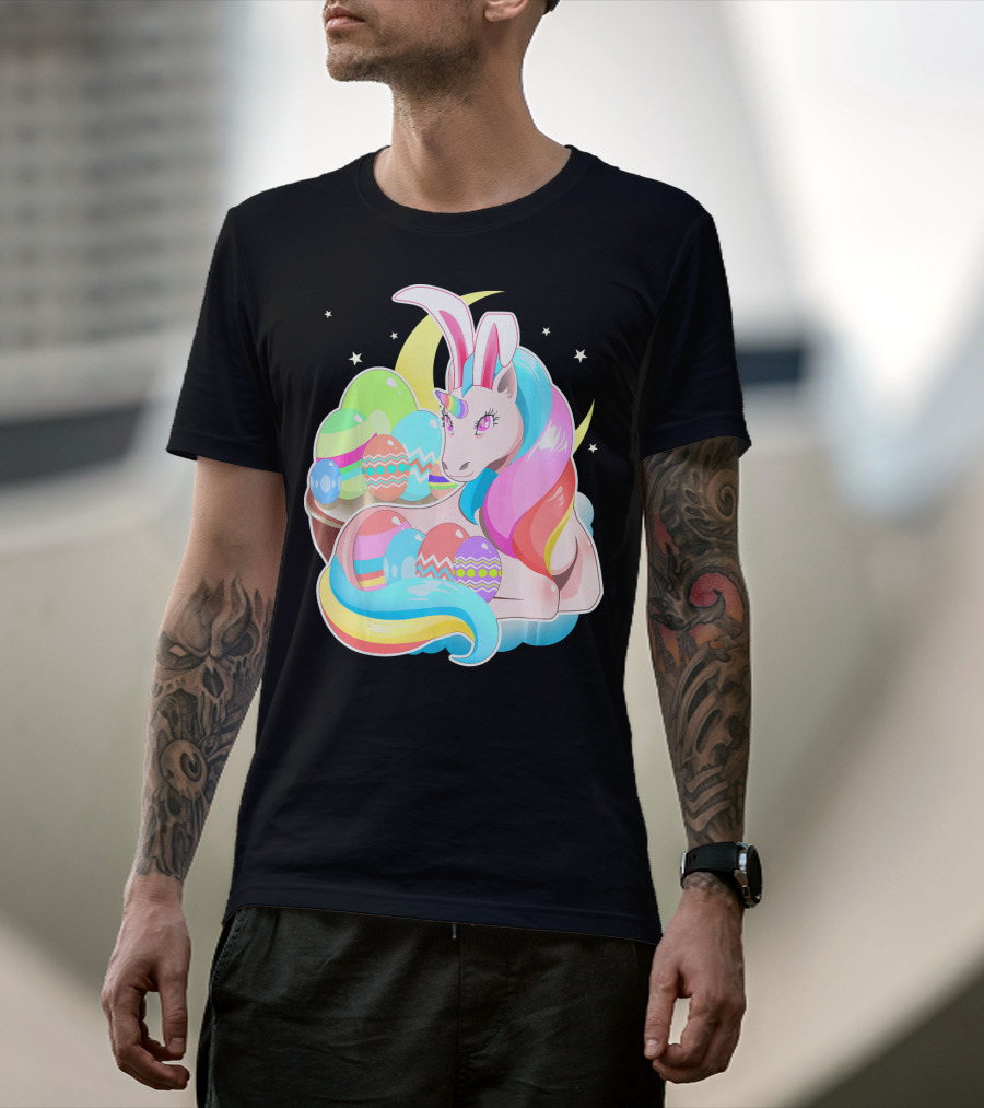 Unicorn Easter Bunny Ears Holiday Pastel Eggs And Moon Stars T-Shirt