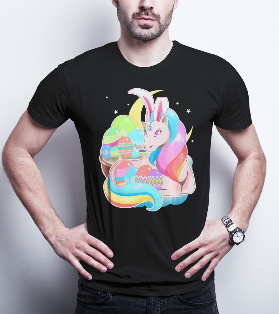 Unicorn Easter Bunny Ears Holiday Pastel Eggs And Moon Stars T-Shirt